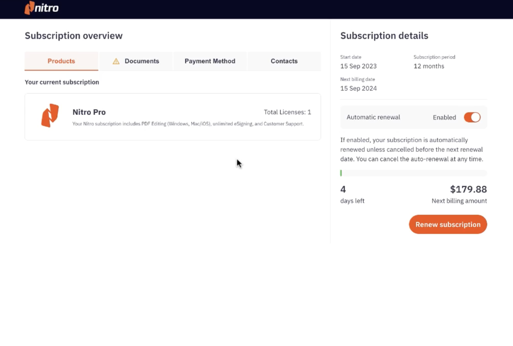Managing Nitro Subscription Renewal